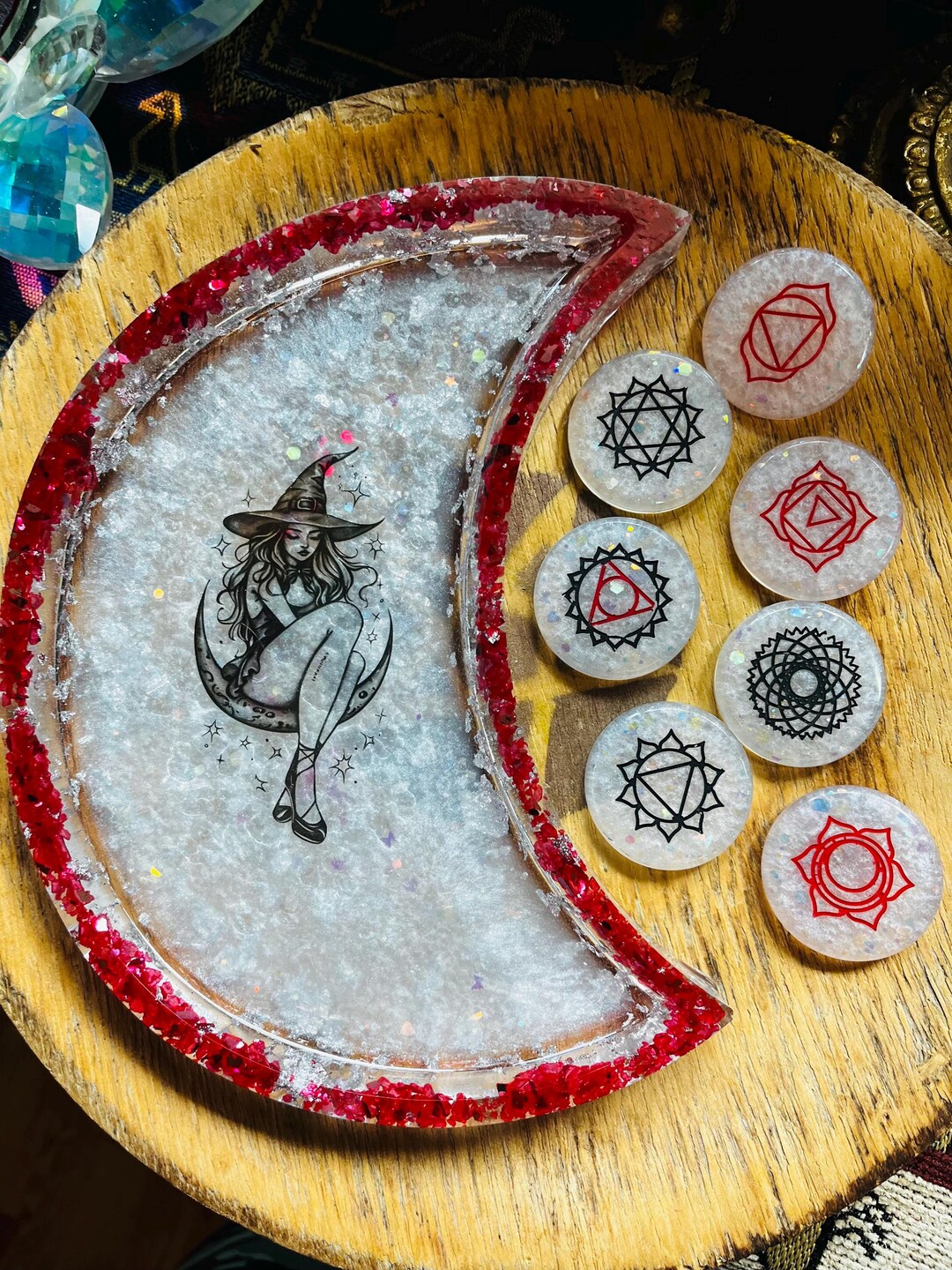 Witchy Woman Crescent Moon Tray With Chakra Charms, Jewelry Tray ...