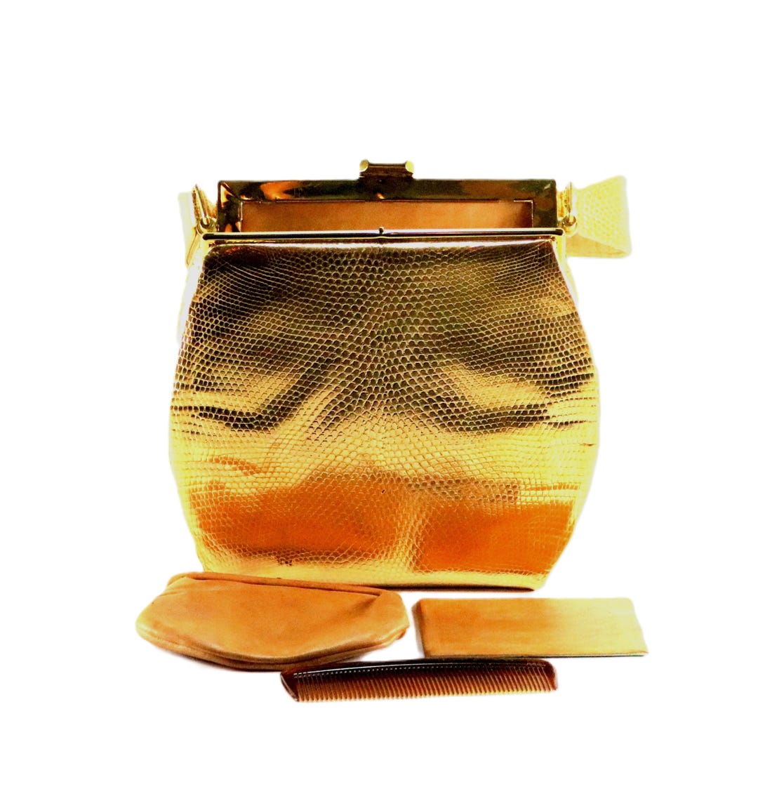 Vintage 50's Rare Small BELLESTONE Gold LIZARD SKIN Structured Handbag ...