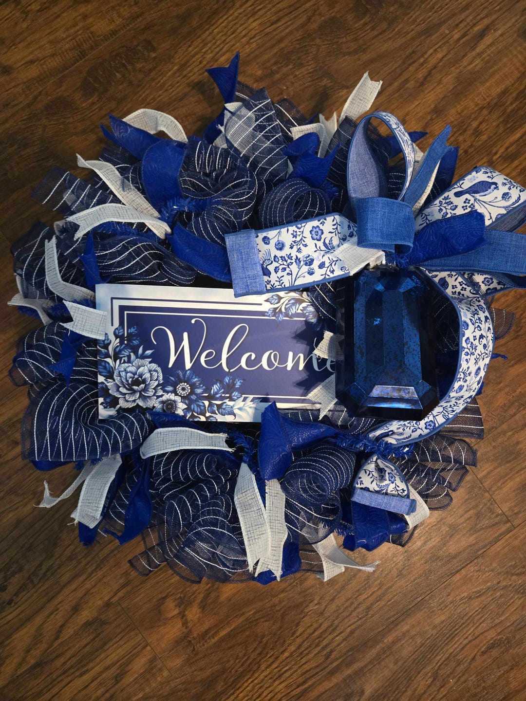 Welcome Blue and White Chinoiserie Wreath Made With Mesh, Ribbon and ...