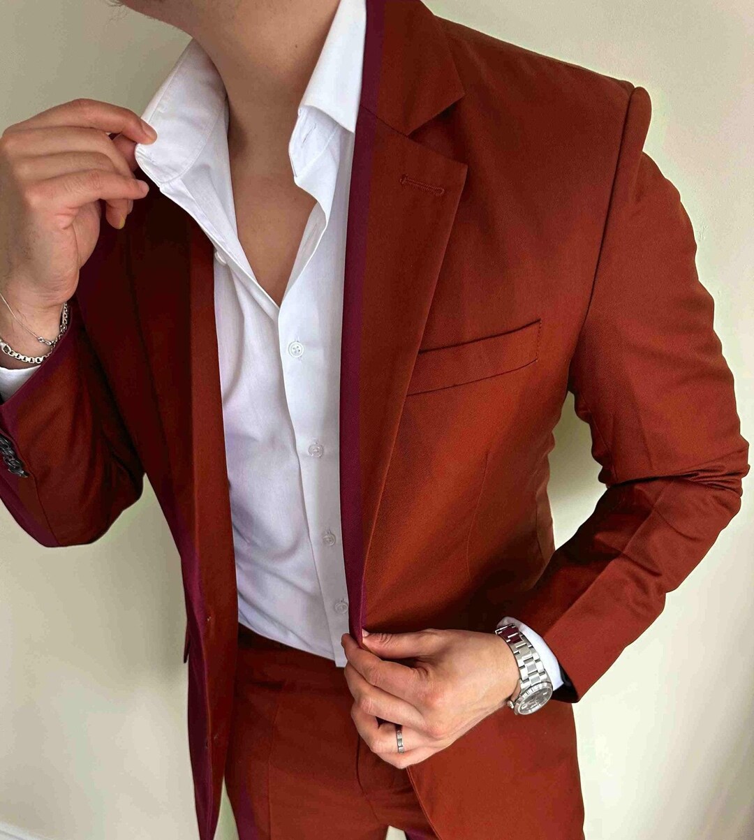 Men's Pure Linen Burnt Orange 2 Piece Suit , Wedding Suit, Dinner Suit ...