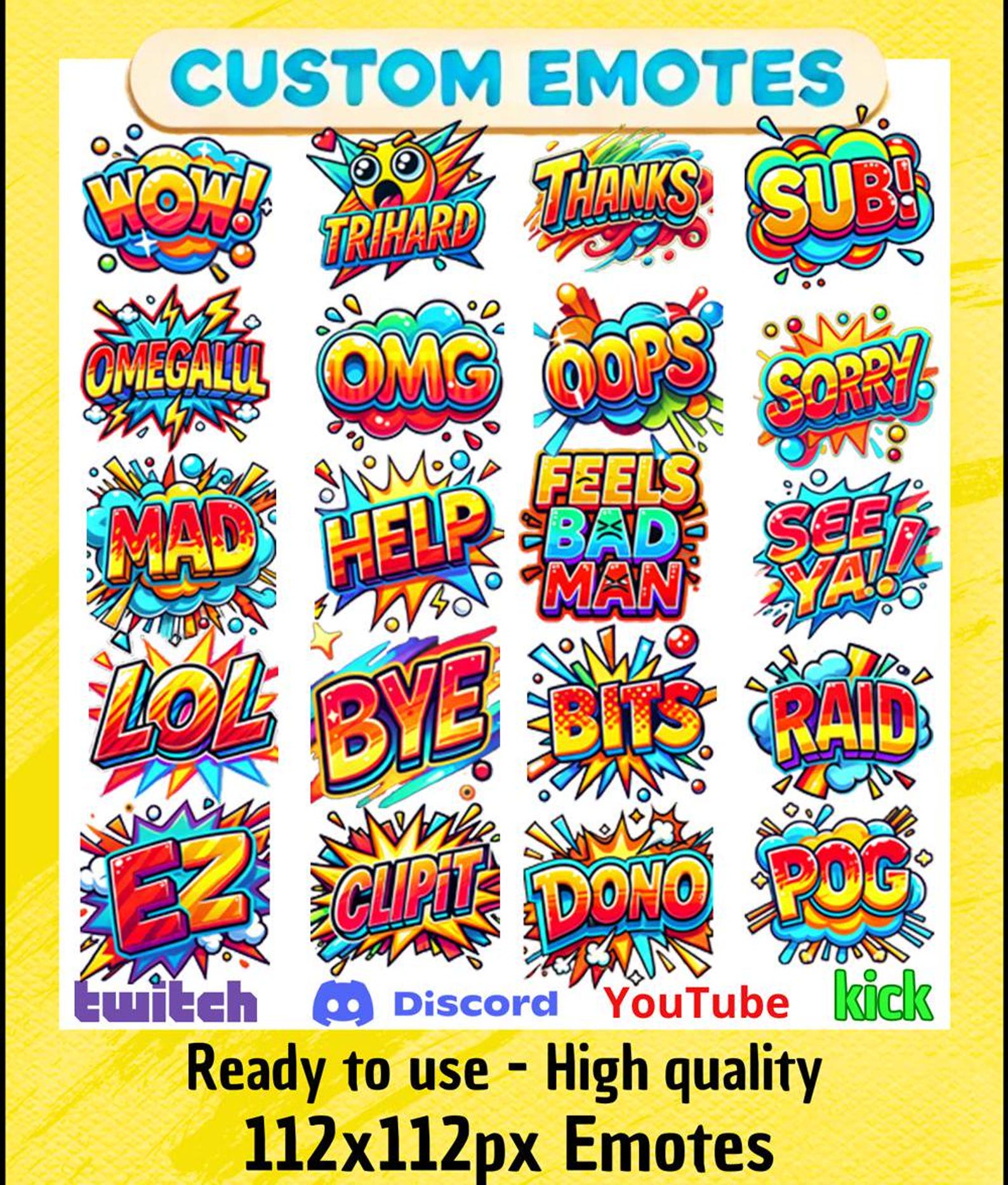 20 Text Emotes Custom Made 112x112px PNG Twitch/kick/discord Zip File ...