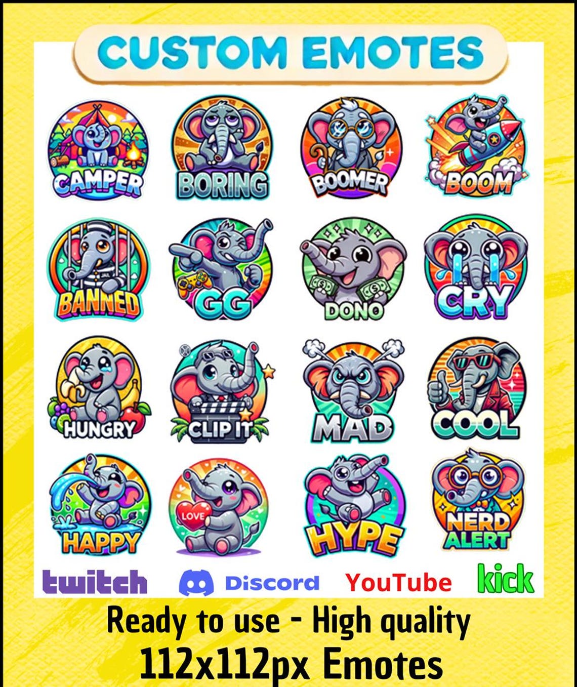 35 Elaphant Emotes mega Pack Cute Emotes Twitch Emotes 112x112px Png ...