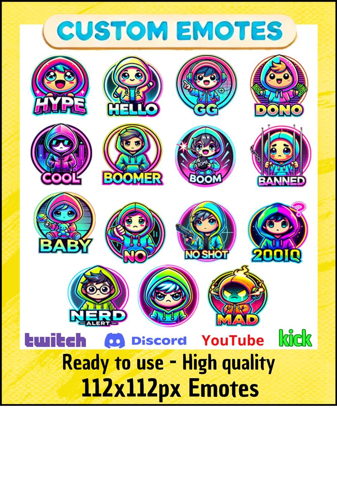 30 Character Neon Emotes Mega Pack Text Expression Emotes Twitch Emotes ...
