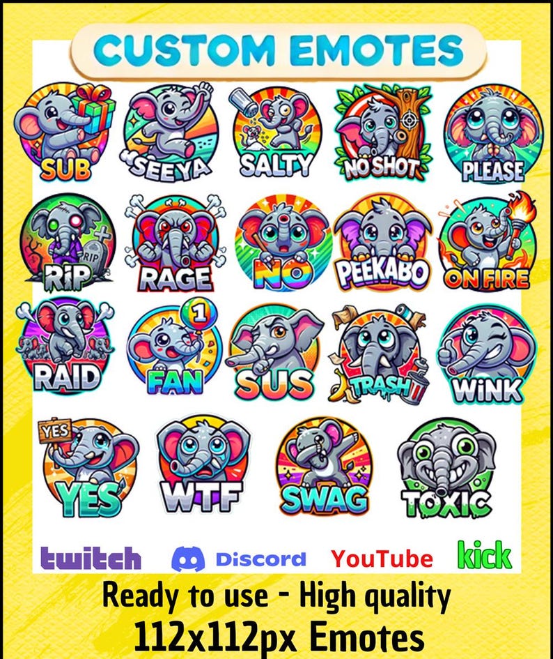 35 Elaphant Emotes mega Pack Cute Emotes Twitch Emotes 112x112px Png ...
