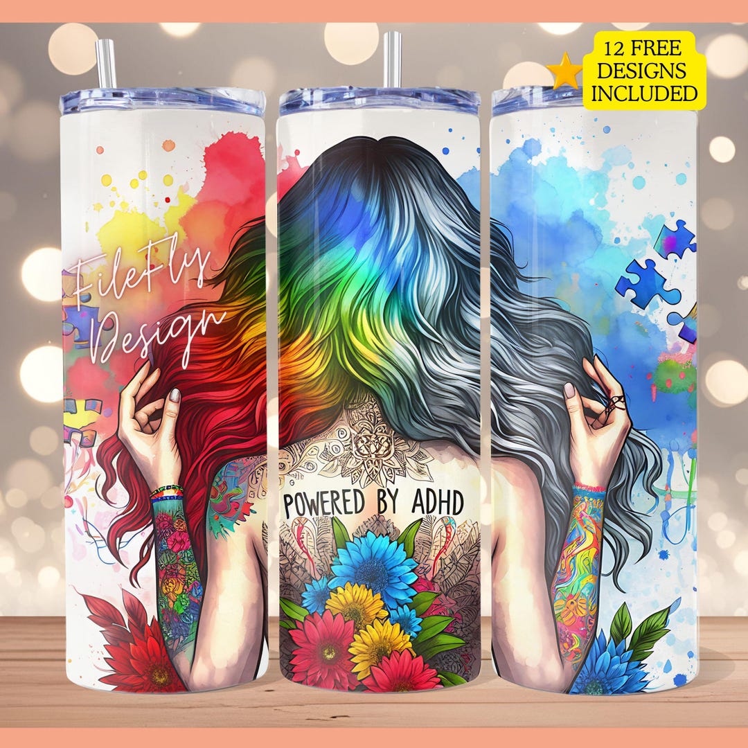 Powered by ADHD Awareness 20oz Funny Tumbler Wrap Design Neurodivergent ...