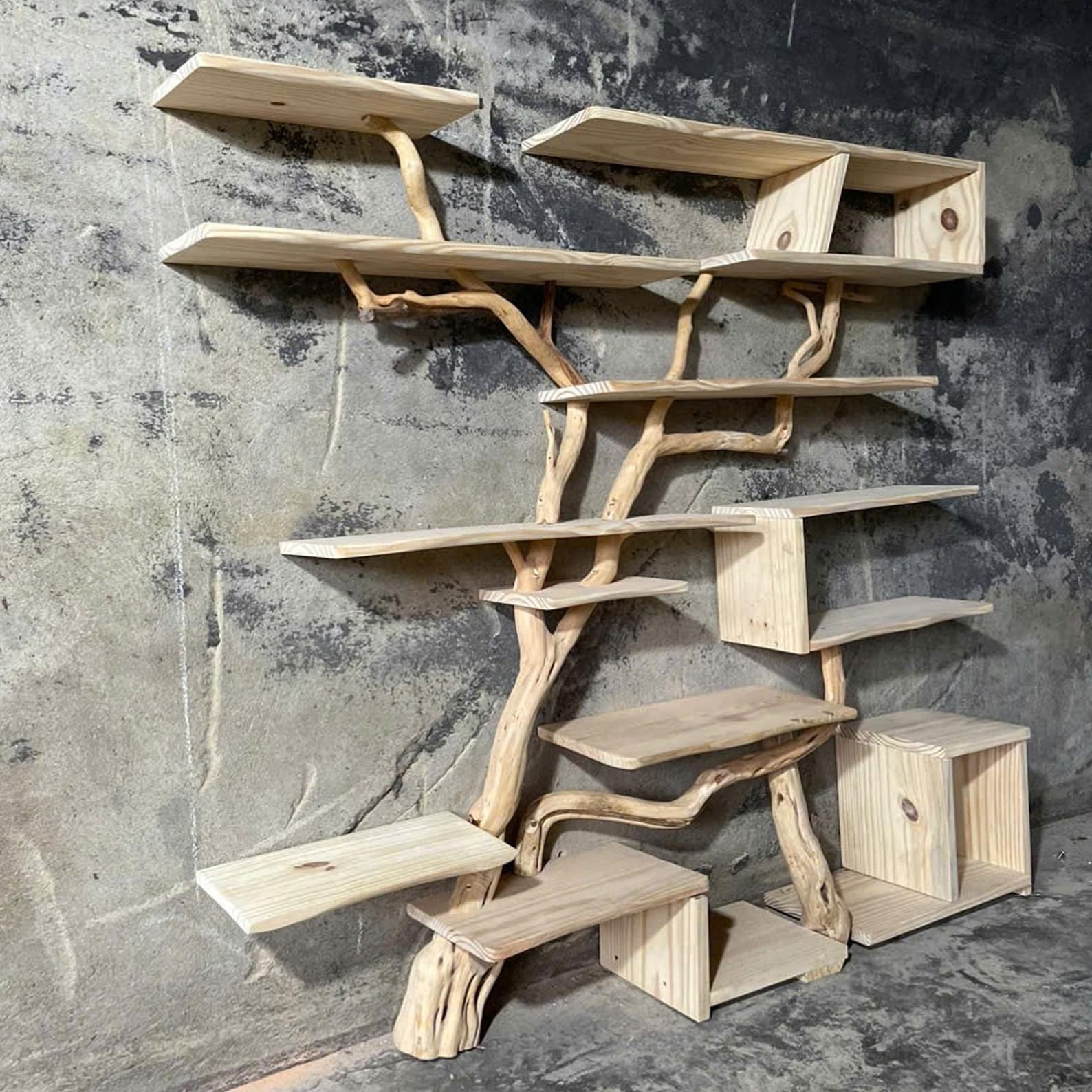 Tree Branch Floating Book Shelf Decor Solid Wood Unique Floor Bookcase ...
