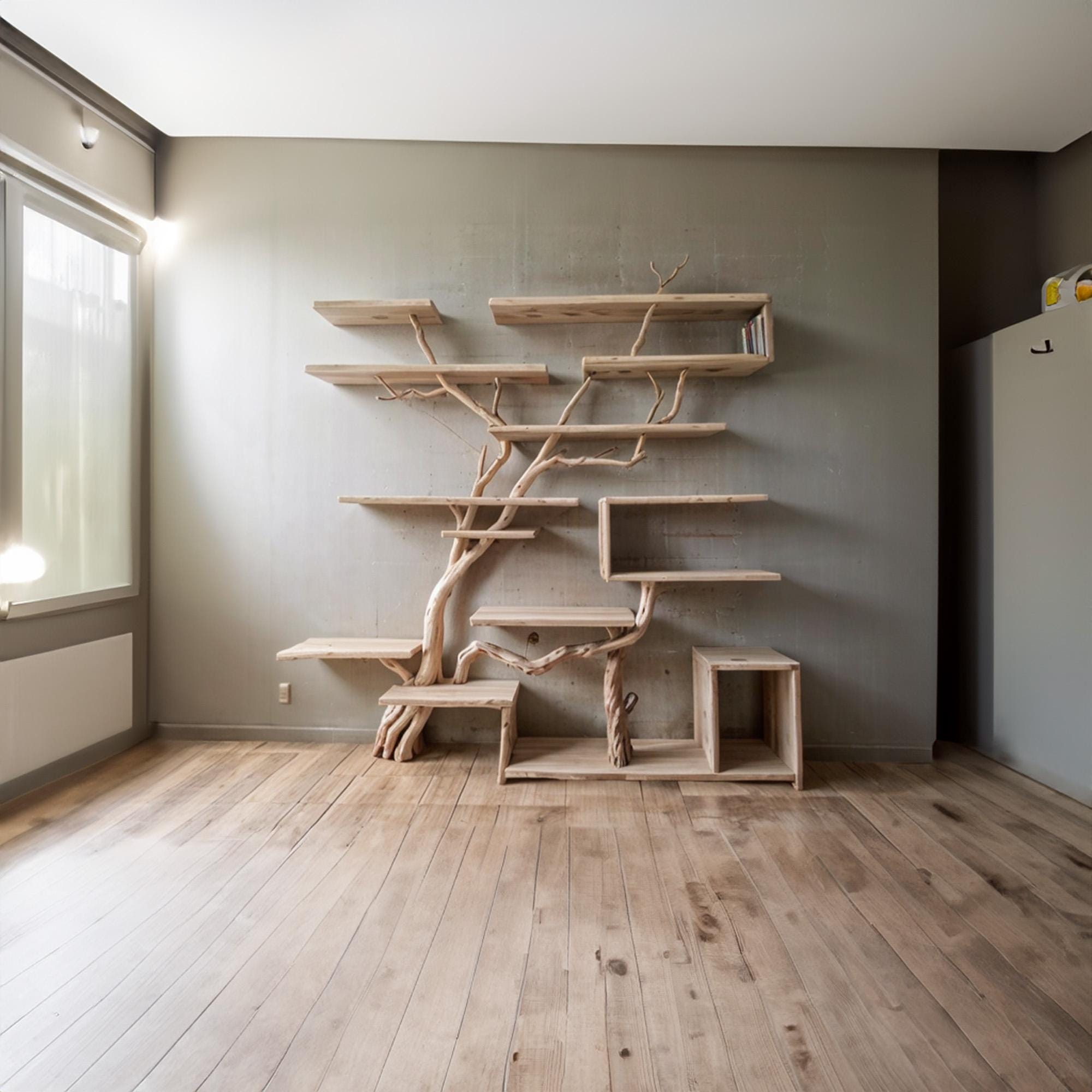 Tree Branch Floating Book Shelf Decor Solid Wood Unique Floor Bookcase ...