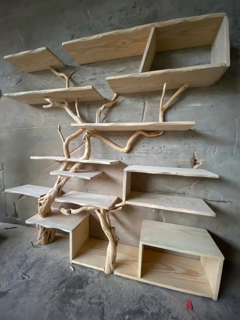 Tree Branch Floating Book Shelf Decor Solid Wood Unique Floor Bookcase ...
