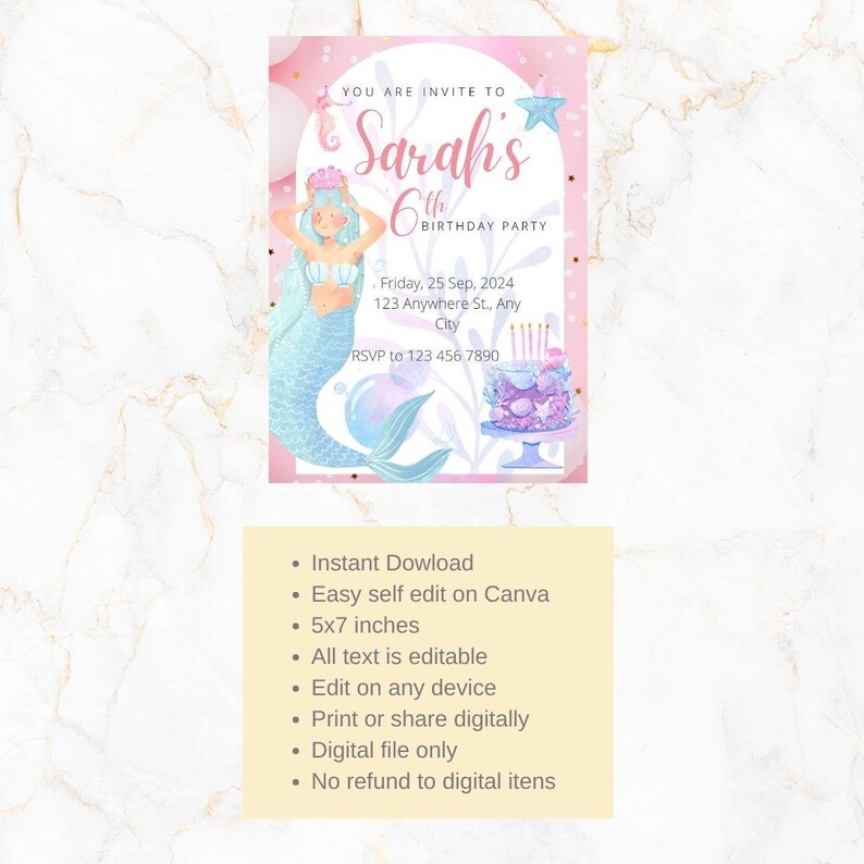 Editable Mermaid Girl Birthday Party Invitation Template - Etsy