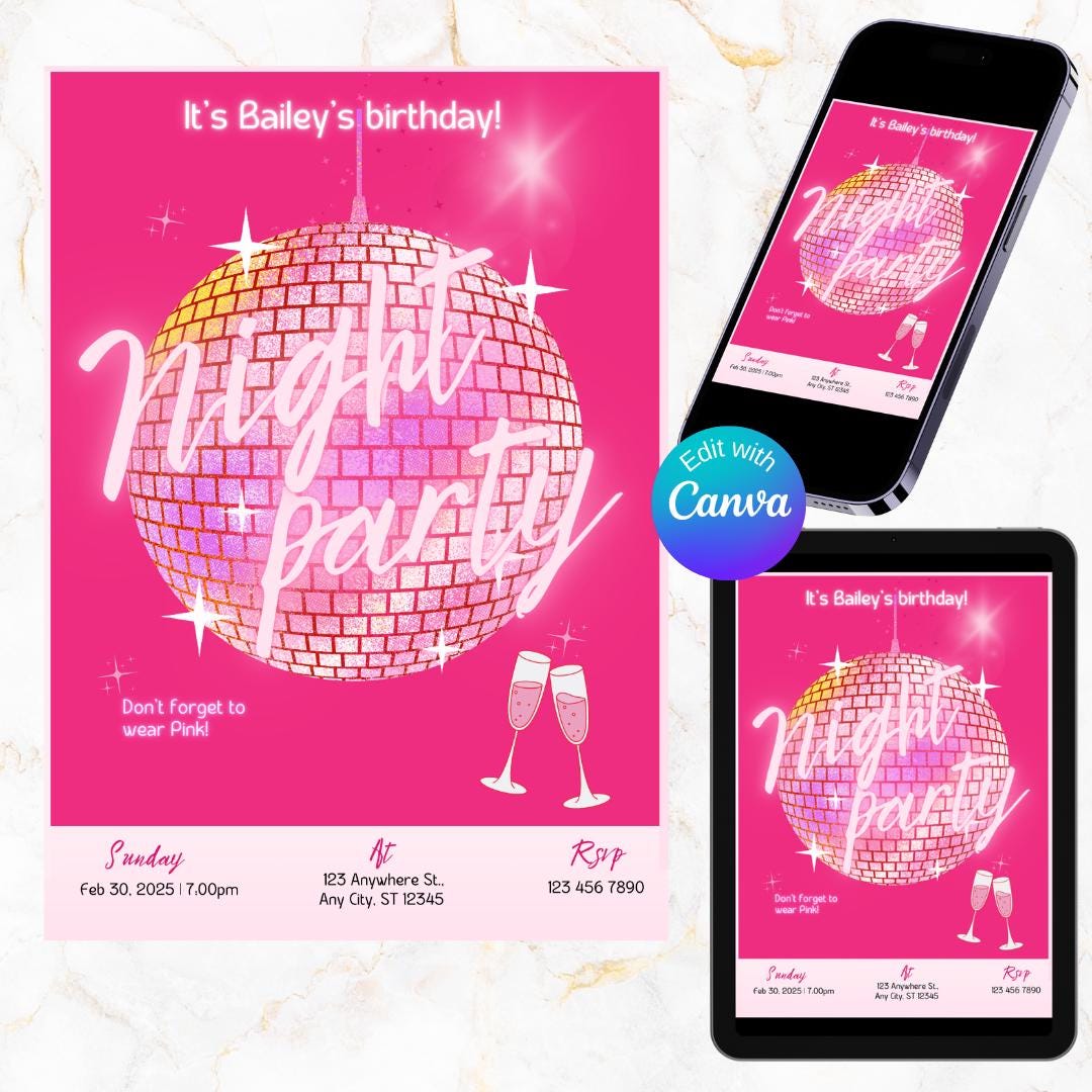Editable Pink Night Party Woman Bithday Invitation Girl Invite ...