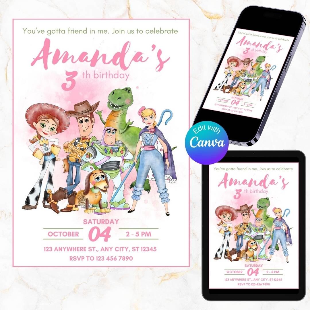 Editable Toy Story Pink Birthday Party Invitation Template, Toy Story ...