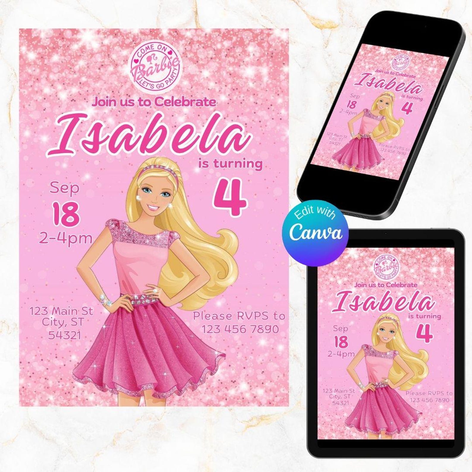 Editable Barbie Birthday Party Invitation, Barbie Template, Pink ...