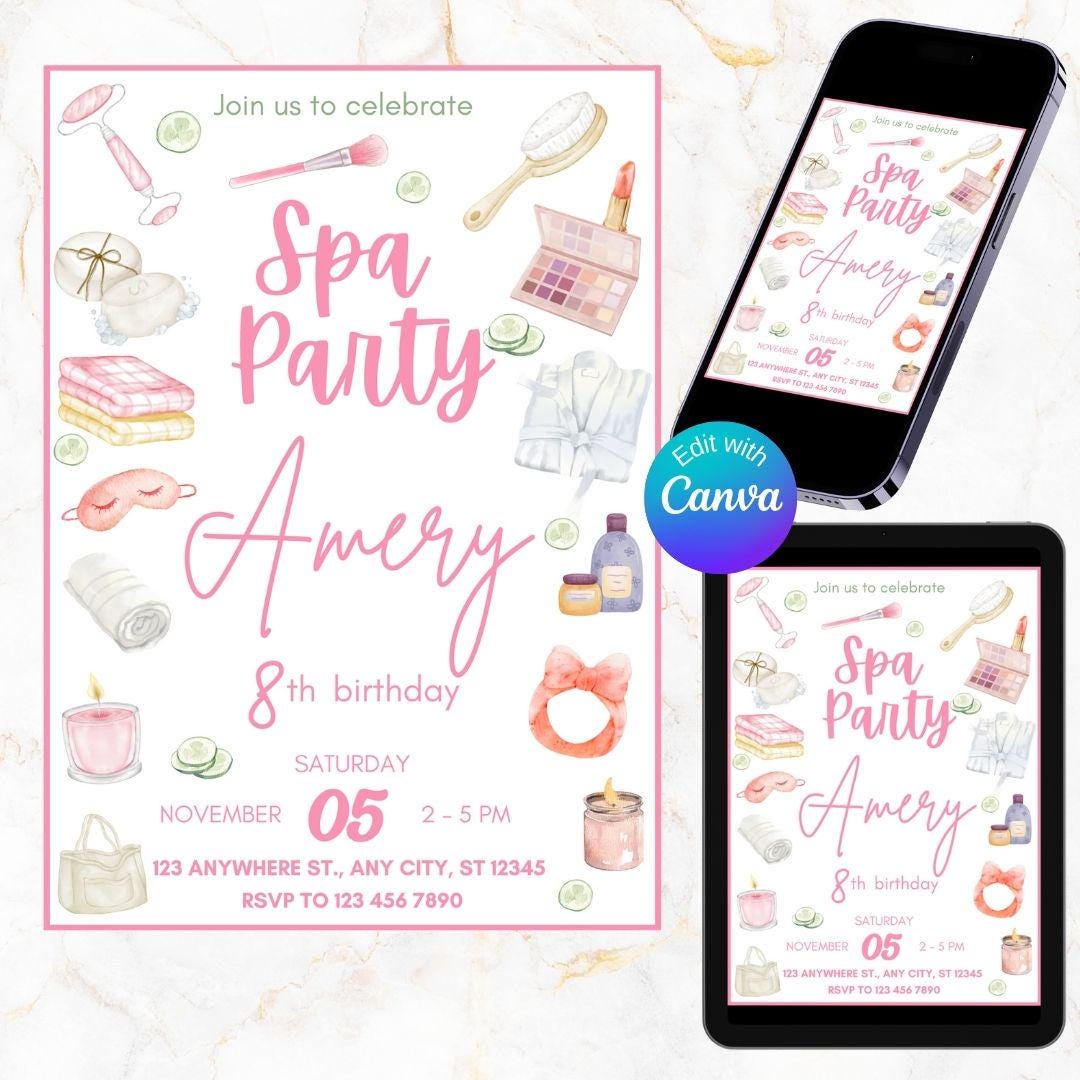 Editable Spa Birthday Party Invitation Template for Girls - Etsy