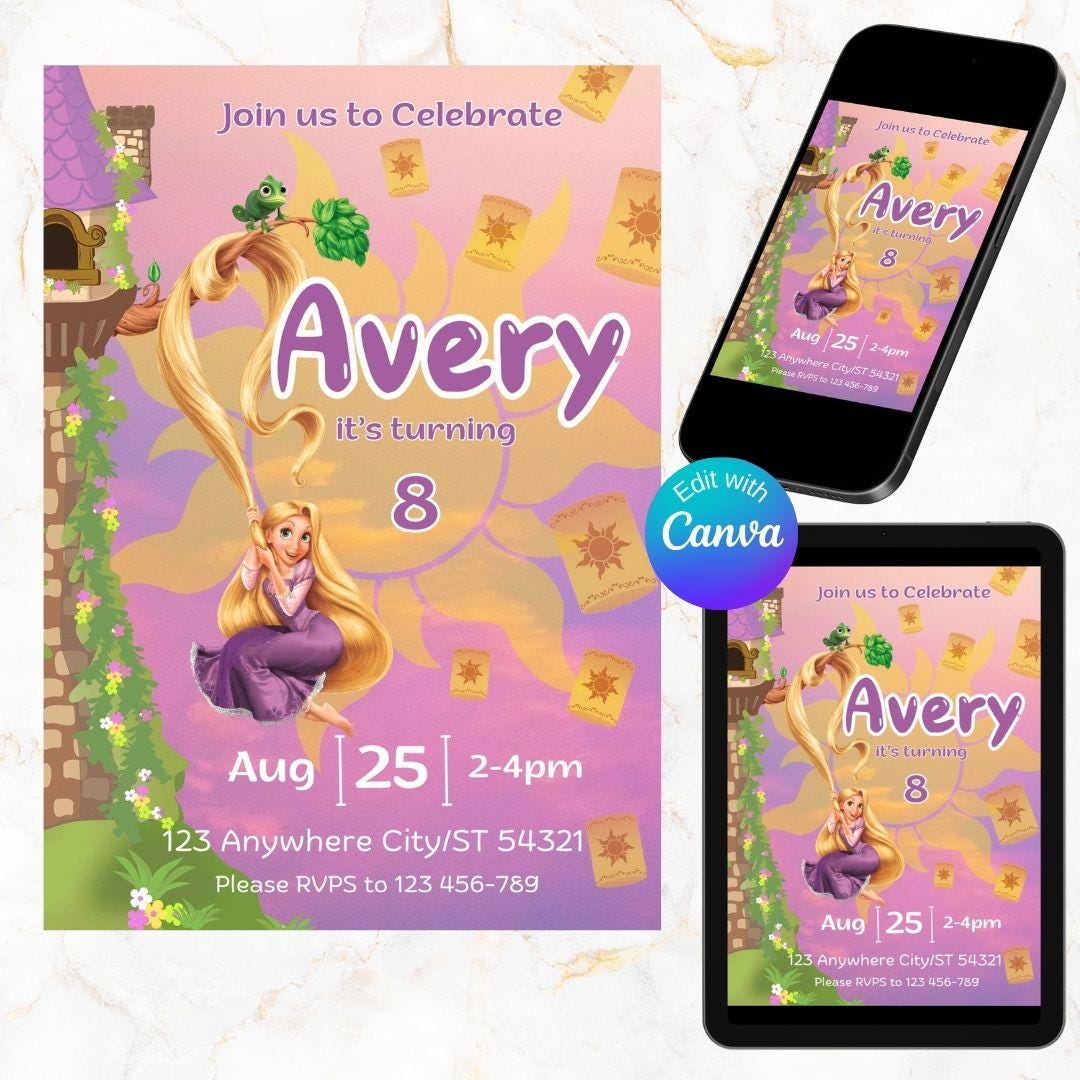 Editable Rapunzel Princess Birthday Party Invitation Template - Etsy