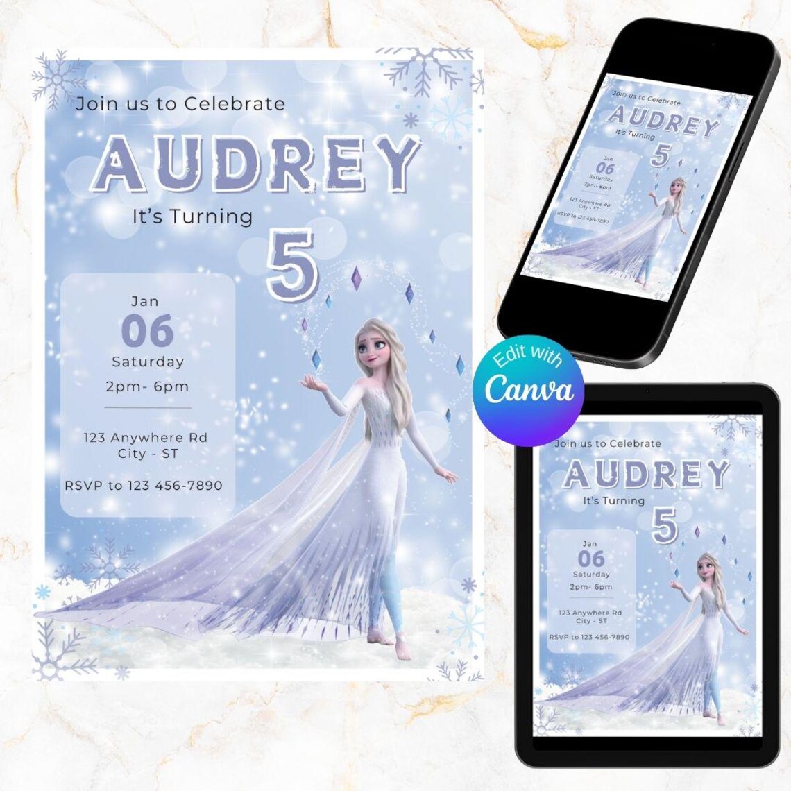 Editable Elsa Frozen Birthday Party Invitation Canva Template - Etsy