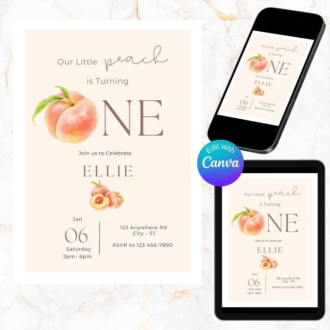 Editable One Sweet Peach Birthday Invitation Template Little Peach ...