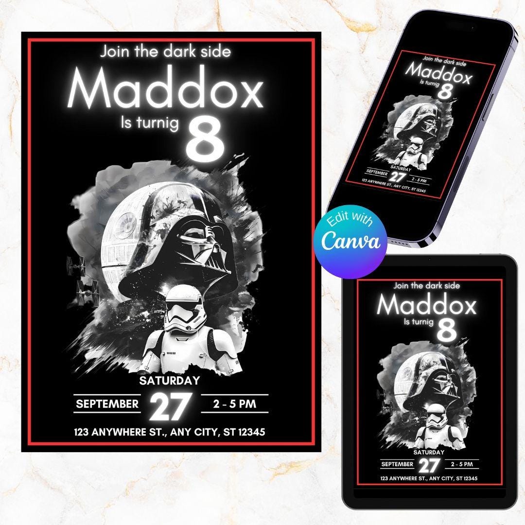 Editable Star War Dark Side Birthday Party Invitation Template Invite ...