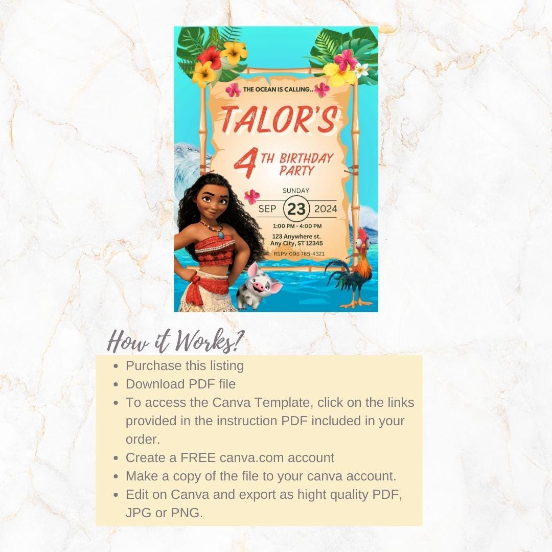 Editable Moana Birthday Invitation Template - Etsy