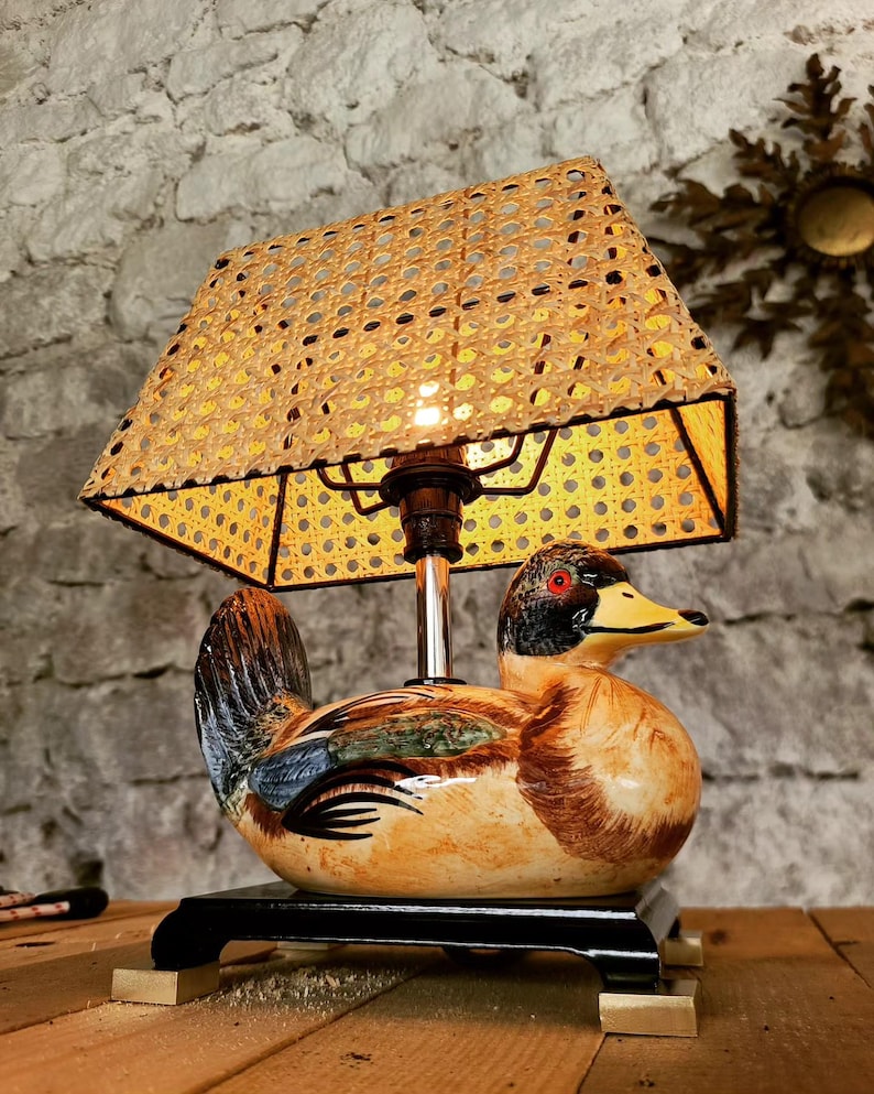 Vintage Ceramic Duck Lamp: Hand-painted Cane Lampshade - Etsy