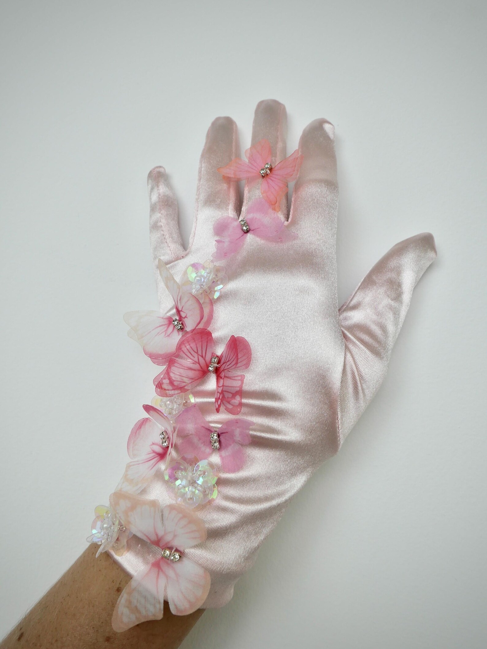 Pink Satin Gloves With Butterflies-festival Gloves-bridgerton Gloves ...