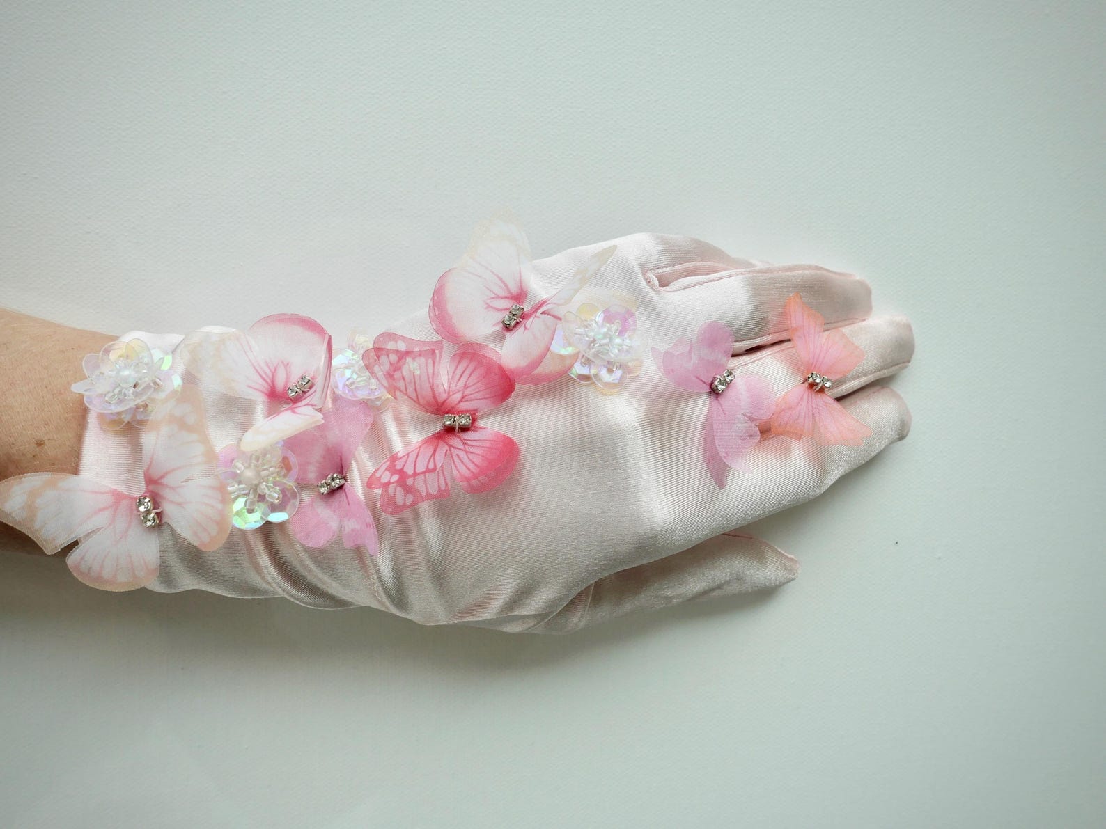 Pink Satin Gloves With Butterflies-festival Gloves-bridgerton Gloves ...