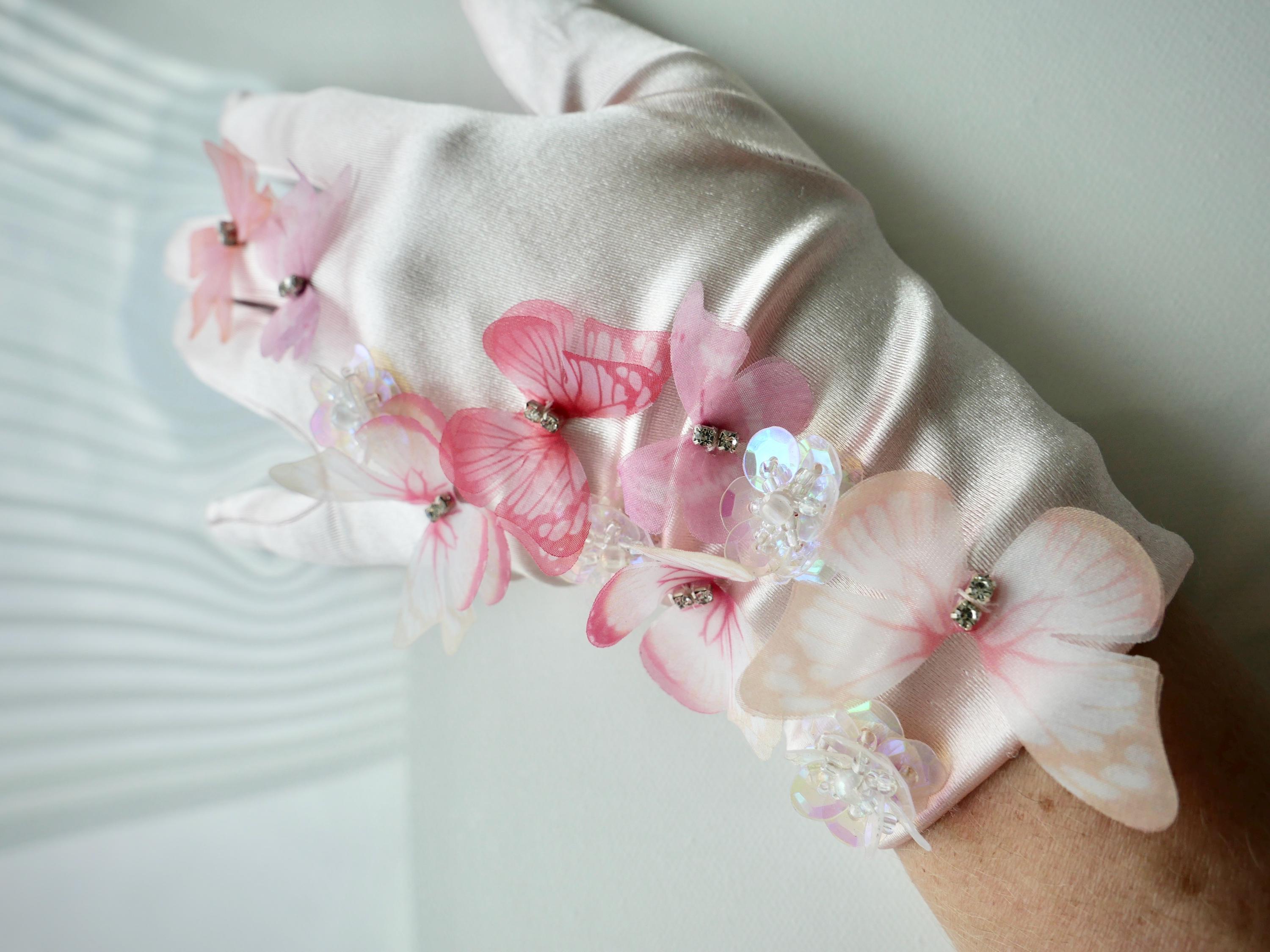 Pink Satin Gloves With Butterflies-festival Gloves-bridgerton Gloves ...