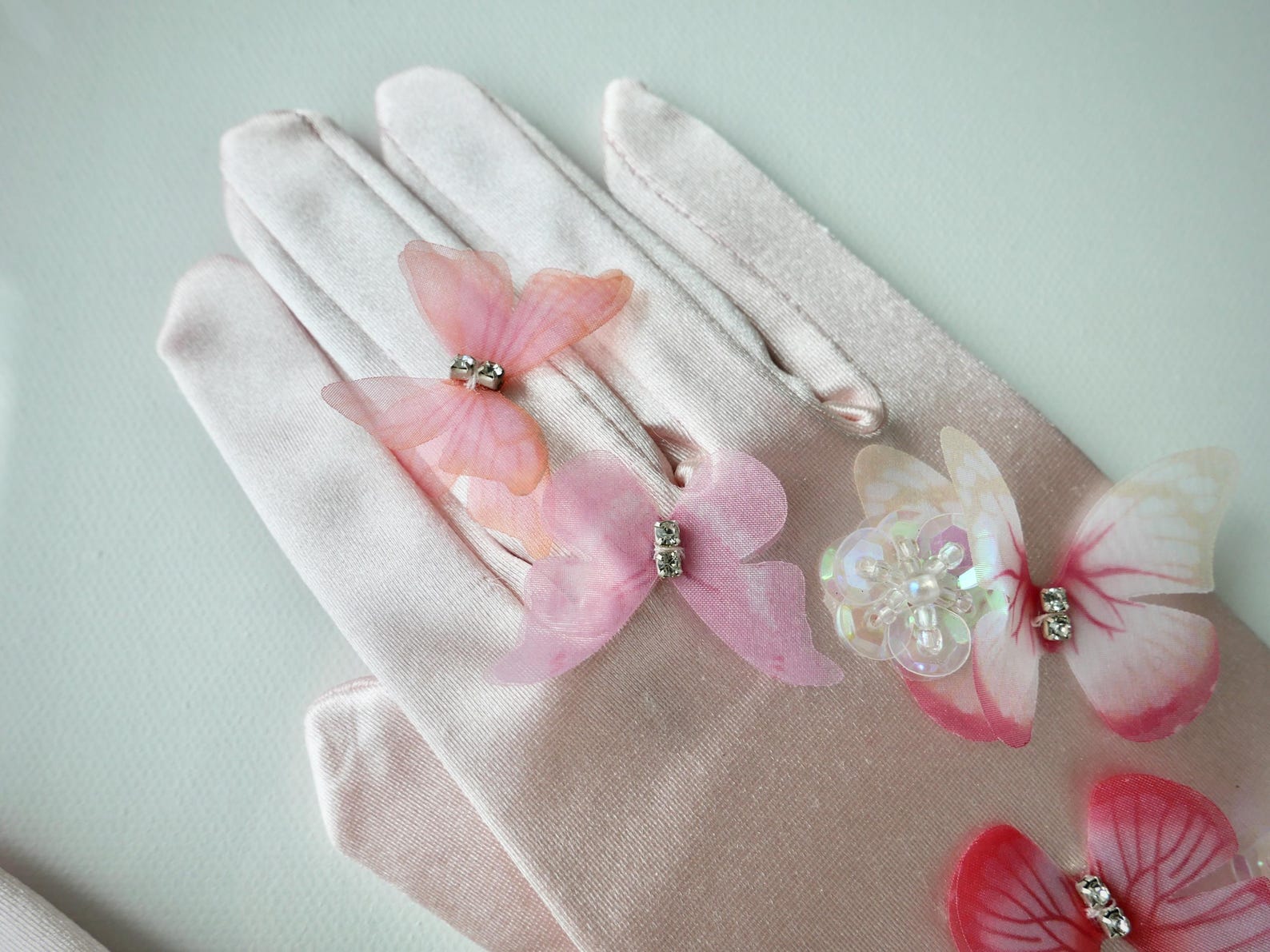 Pink Satin Gloves With Butterflies-festival Gloves-bridgerton Gloves ...