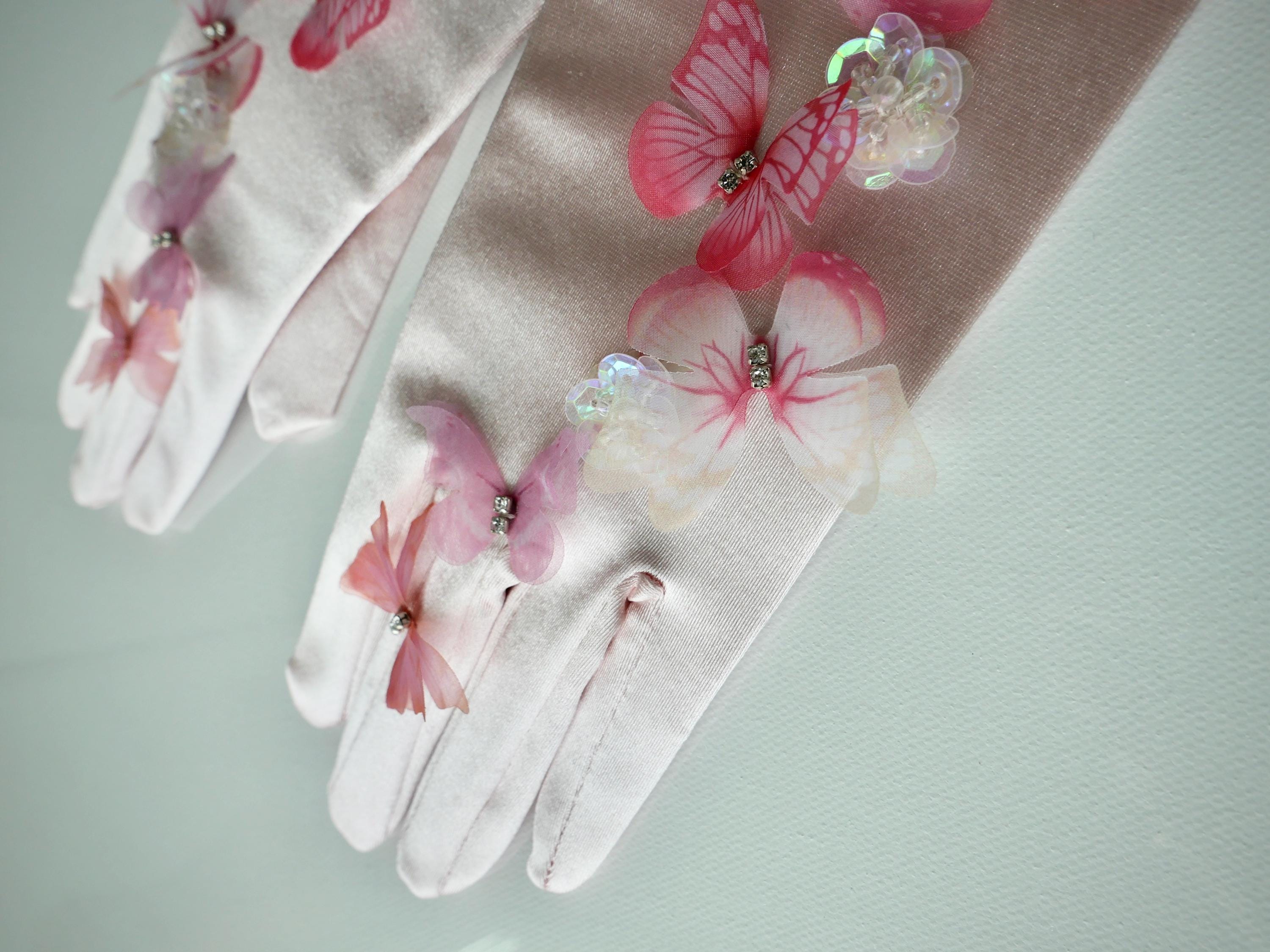 Pink Satin Gloves With Butterflies-festival Gloves-bridgerton Gloves ...