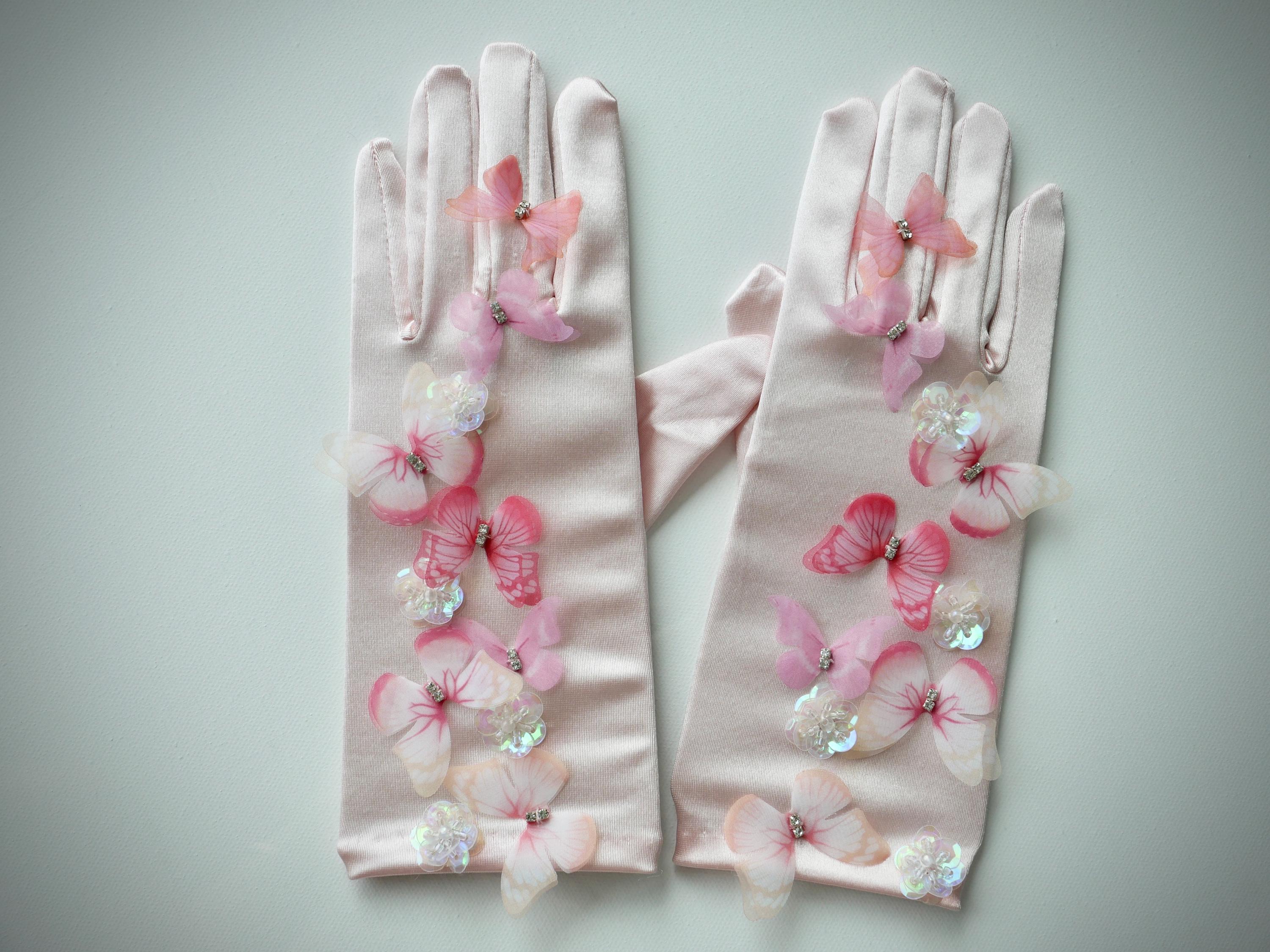 Pink Satin Gloves With Butterflies-festival Gloves-bridgerton Gloves ...