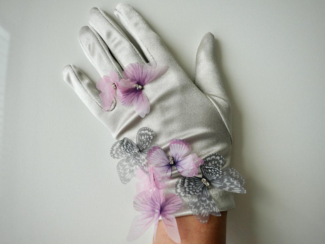 Silver Satin Gloves With Butterflies-festival Gloves-bridgerton Gloves ...