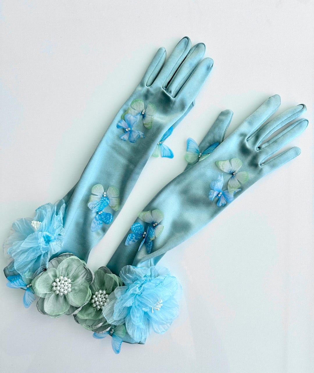 Seafoam Satin Gloves With Butterflies-festival Gloves-bridgerton Gloves ...