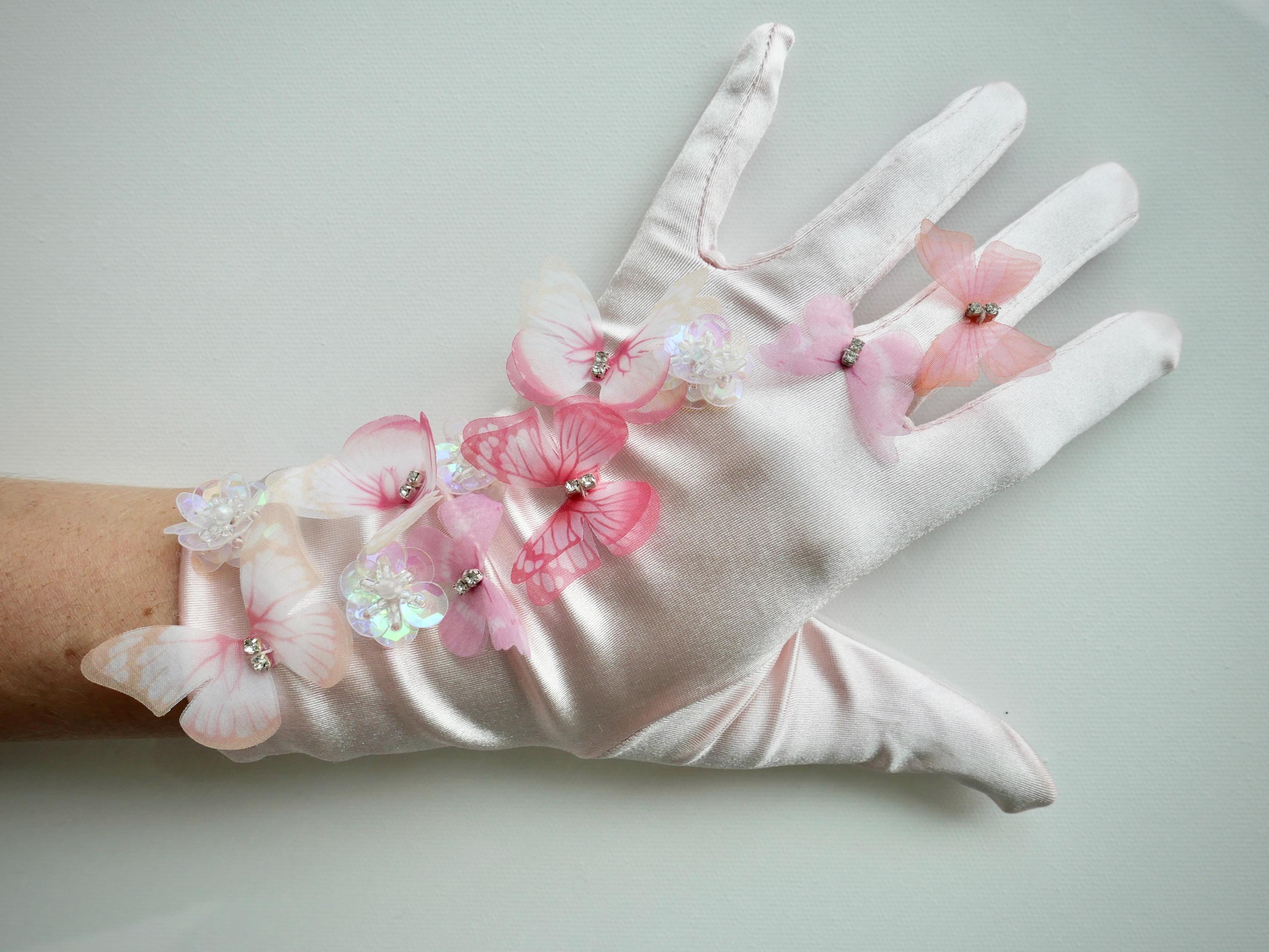 Pink Satin Gloves With Butterflies-festival Gloves-bridgerton Gloves ...