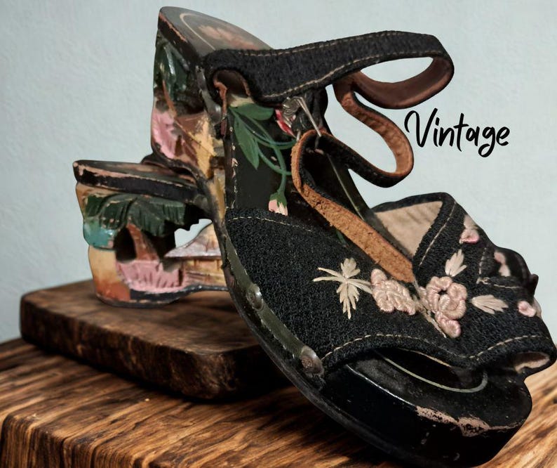 Vintage 1940s Philippine Carved Wood Souvenir Wedge Sandals ...