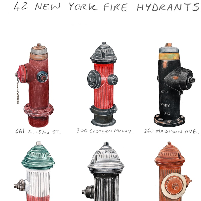 42 New York Fire Hydrants - Archival Print Featuring Colourful Drawings ...
