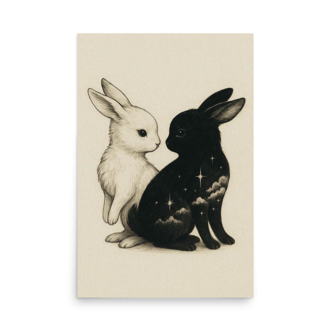 ASTRAL BONDS - Celestial Rabbit Ink Illustration, Surreal Night Day Art ...