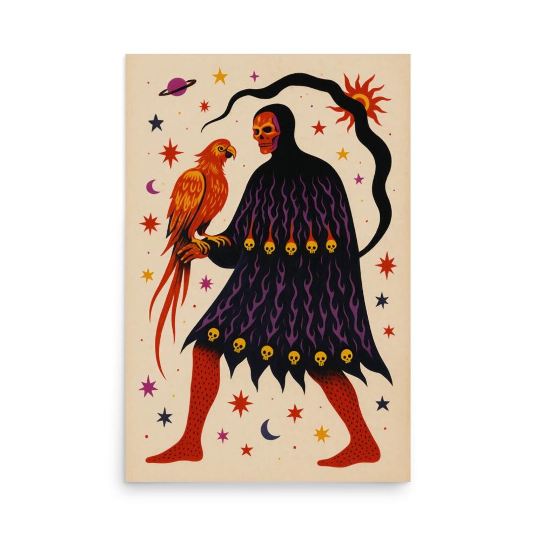 Surreal Skeleton Art Print: Cosmic Veil, Psychedelic Parrot Poster - Etsy