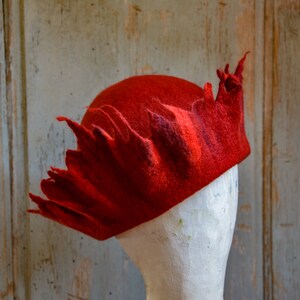 Red Crown Cloche Hat, Sculptured Unique Handmade Felt Spiked Hat, Wool ...