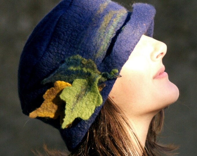 Navy Blue Felt Hat ,three Felted Leaves, Autumn Leaves,merino Wool ...