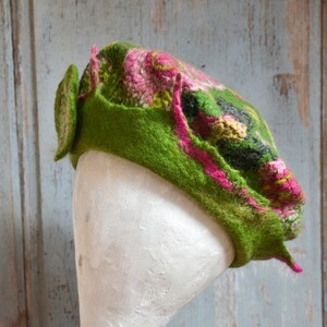 Wool Felt Beret Hat With Flowers, Nuno Felted Bonnet for Women, Womens ...
