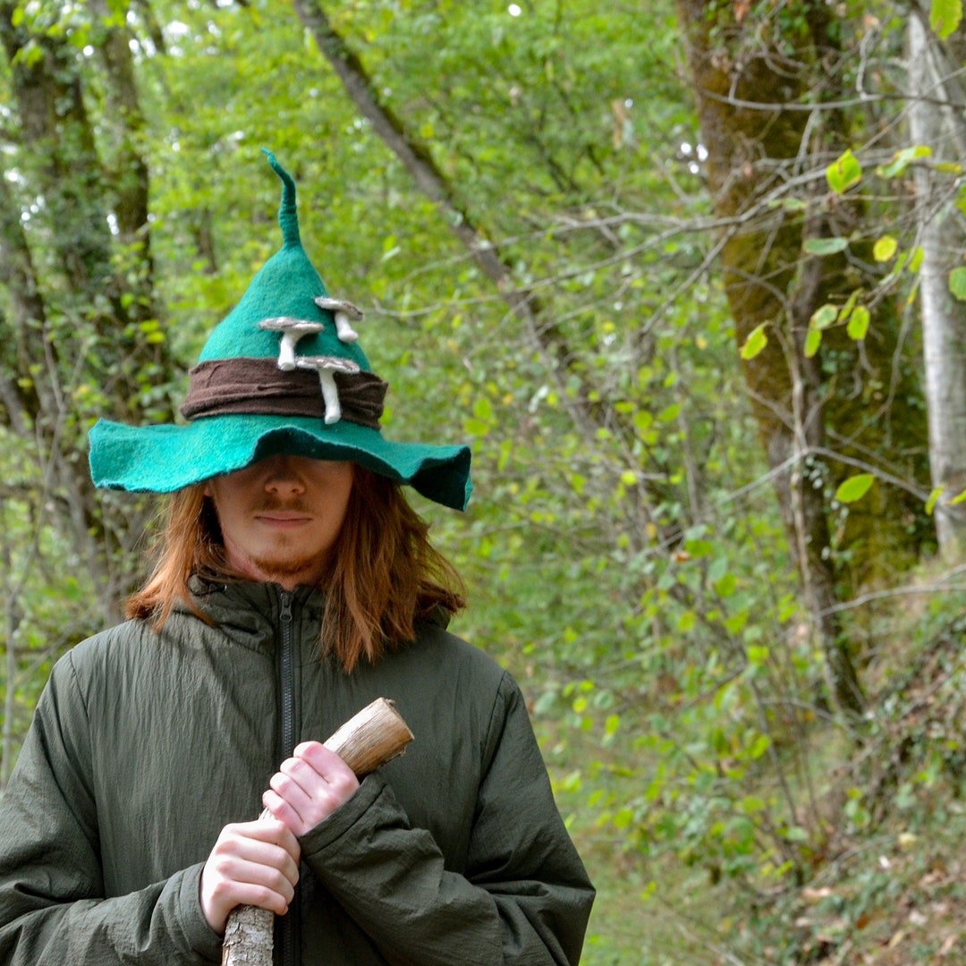 Emerald Green Witch Hat With Mushrooms Forest Wizard Wool Pointed Hat ...