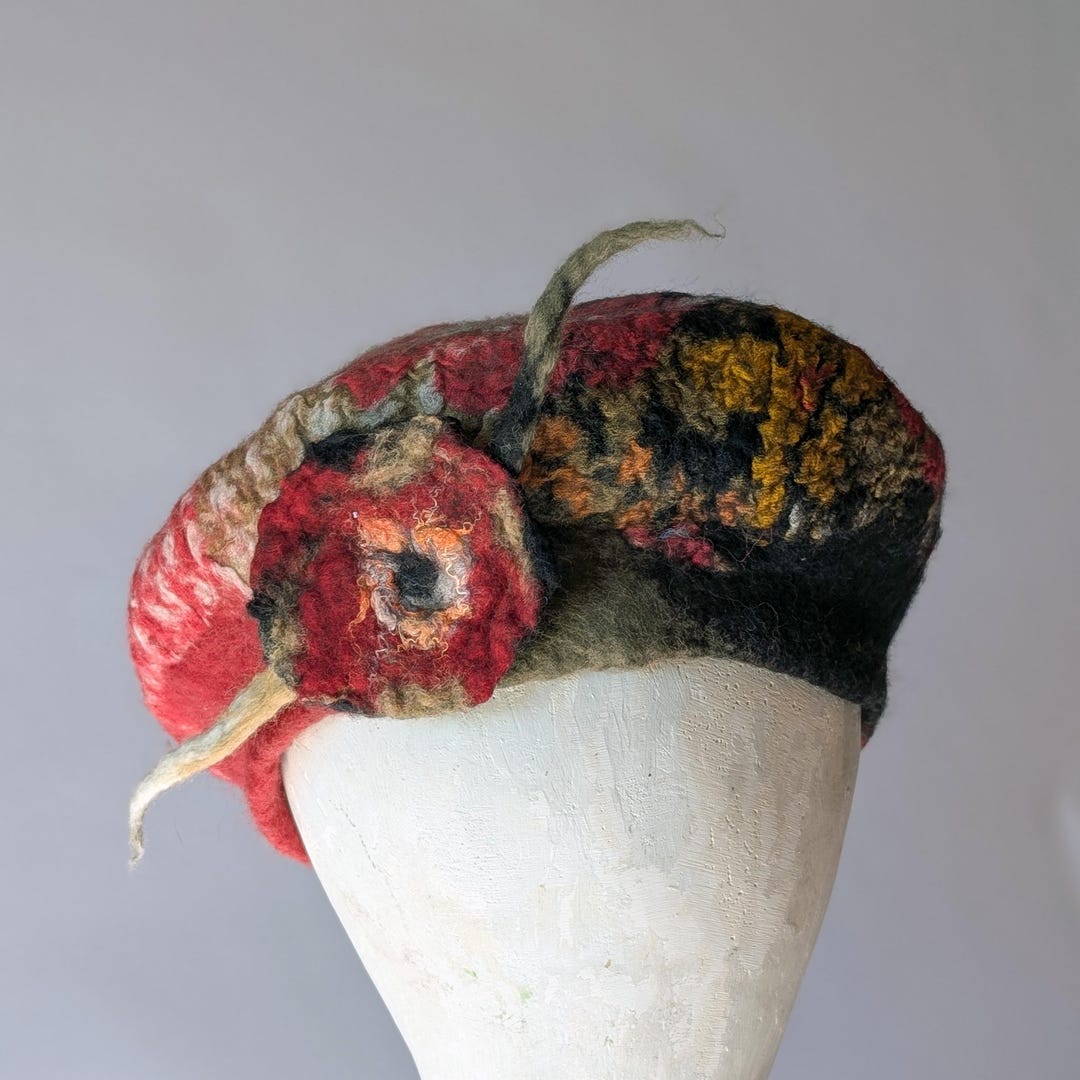 Vintage Wool Felt Beret – Nuno Felted Bonnet With Flowers, Women's ...