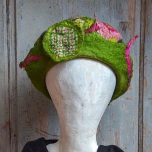 Wool Felt Beret Hat With Flowers, Nuno Felted Bonnet for Women, Womens ...