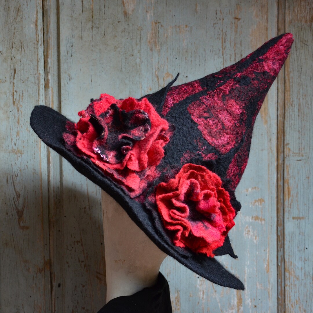 Black and Red Rose Witch Hat - Vintage Style for Ren Faire & Halloween ...
