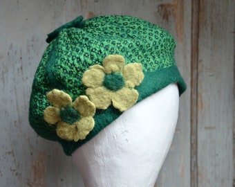Green Wool Felt Beret Hat With Flowers, Nuno Felted Unique Bonnet for ...