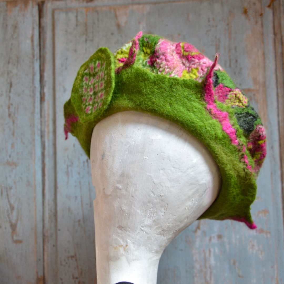 Wool Felt Beret Hat With Flowers, Nuno Felted Bonnet for Women, Womens ...