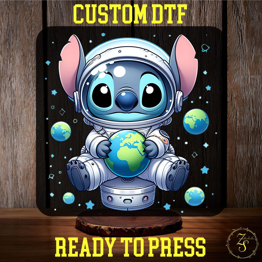 Stitch Astronaut DTF Transfer, Cute Blue Alien Holding Earth Ready to ...