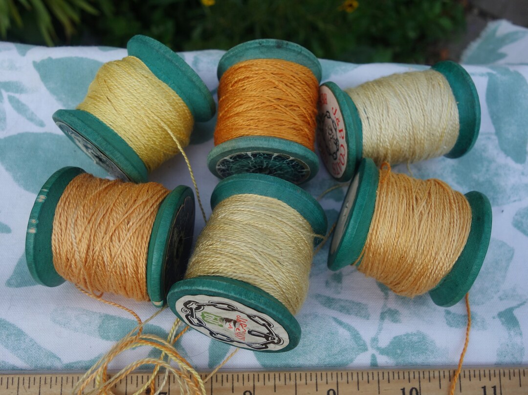 Silk Embroidery Thread Natural Plant Dye on 6 Vintage Wooden Spools Dyed With Cosmos Coreopsis ...