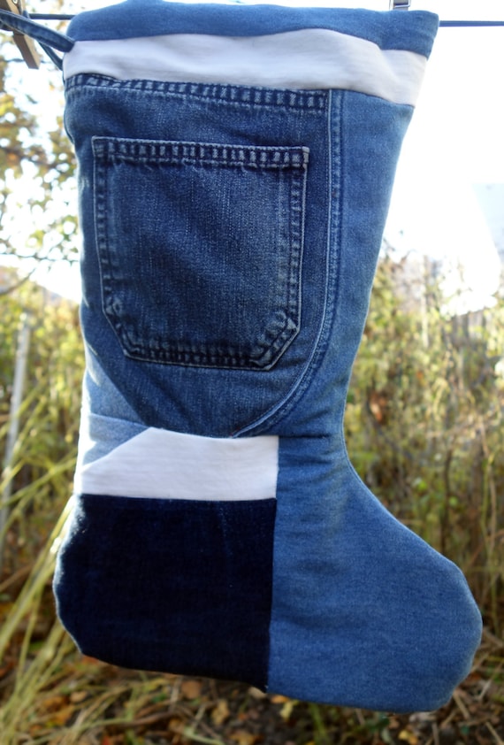 Blue Jean Christmas Stocking Upcycled Jeans Pocket Lumpy Log | Etsy