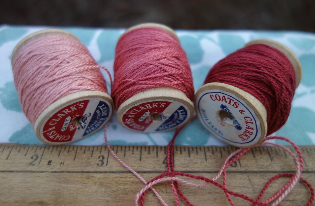 Silk Embroidery Thread on 3 Vintage Wooden Spools Pink Rose and Red ...
