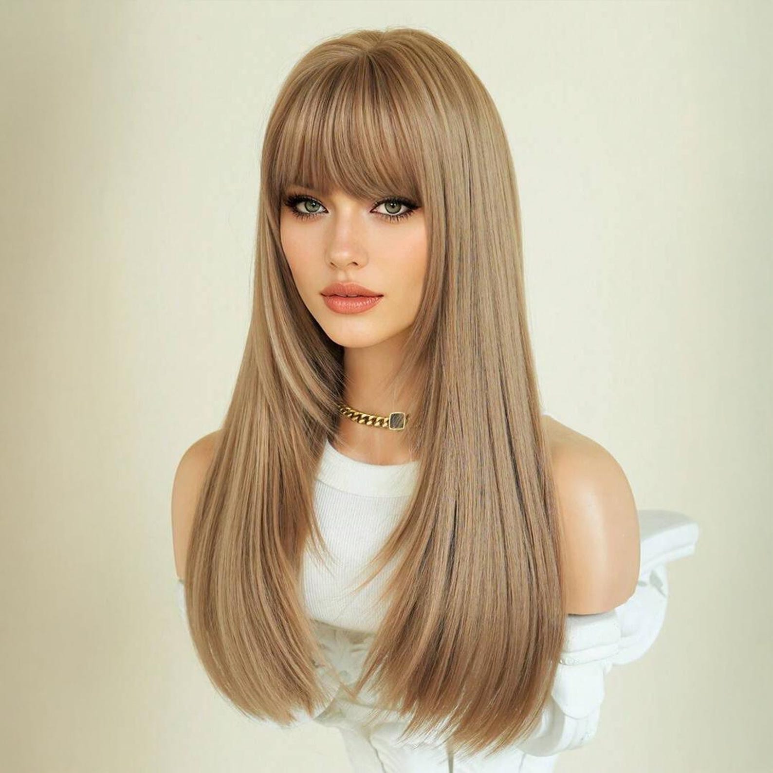 Linen Brown Layered Wig With Bangs, Natural Long Ash Brown Synthetic ...